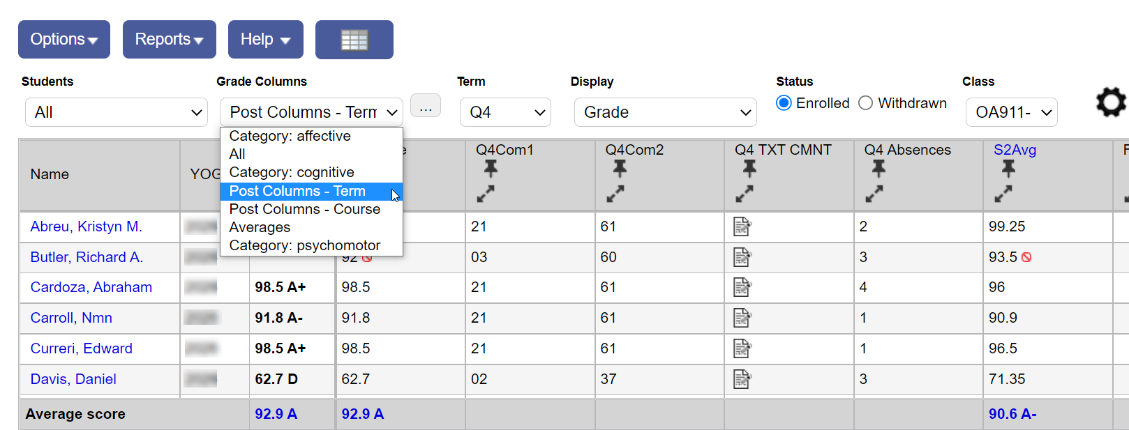 Enter report card comments in the Gradebook